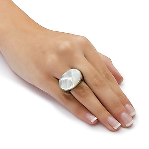 PalmBeach 14K Yellow Gold Oval Shaped Genuine Mother of Pearl and Genuine Charcoal Jade "Greek Key" Ring Sizes 6-10 Size 7