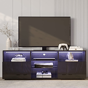 LED TV Stand for 50/55 inch TV, Television Table Center Media Console with Drawer and Led Lights, High Glossy Modern Entertainment Center for Living Game Room Bedroom, Black