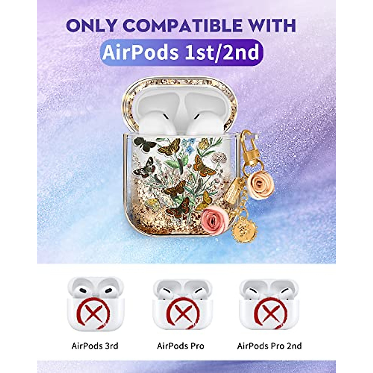 Kokaaee for Airpod Case 2nd & 1st Generation Cover Kawaii Funda Cute Aesthetic Girls Women Protector Liquid Glitter Bling Sparkly Butterfly Design Estuche Keychain Girly for Apple Air Pod 1/2 Gen