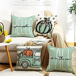 LITIVY Fall Decor Pillow Covers Set of 4 Pumpkin Farmhouse Thanksgiving Decorations Throw Pillows Autumn Cushion Cases for Couch Home Decorative Pillows Cover (18"x18", Green)