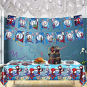 50pcs Spidey and His Amazing Friends Birthday Party Supplies Decorations, 24 Plates, 24 Napkins, 1 Tablecloth and 1 Pull Flag, Birthday Party Favors for Kids Boys Girls