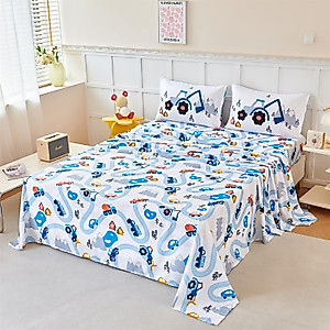 RYNGHIPY Kids Twin Bed Sheets: Cars Print Sheets Set for Boys - Breathable Wrinkle Free Microfiber Flat Sheet Fitted Sheet and Pillowcase (White,Twin)