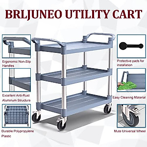 BRLJUNEO Plastic Utility Carts with Wheels, 3-Tier Large Size Restaurant Food Cart, Heavy Duty 600lbs Capacity Rolling Service Cart w/Hammer for Commercial, Kitchen, Office (Lockable Wheels, L-Grey)