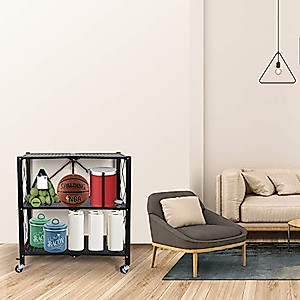 HealSmart 3-Tier Foldable Metal Shelves Heavy Duty Storage Shelving Unit with Wheels, Organizer Shelves for Garage Kitchen Holds up to 750 lbs Capacity, Black，2 Pack
