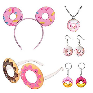 Donut Dress Up Supplies Donut Headband Glasses Frame Necklace Earrings Keychains Pink Theme Party Gifts for Women Girls 7 Pack