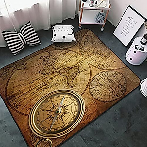 Magical Compass Washable Area Rugs,Old Vintage Retro Compass On World Map Soft Large Floor Carpets Non-Skid Rug for Kids Room Living Room Bedroom Home Decor 6.6x4 Ft
