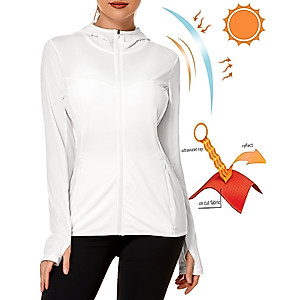 COOrun Women's UPF 50+ Sun Protection Hoodie Jacket Lightweight Full Zip Running Jacket Athletic Jacket with Thumb Holes White XL