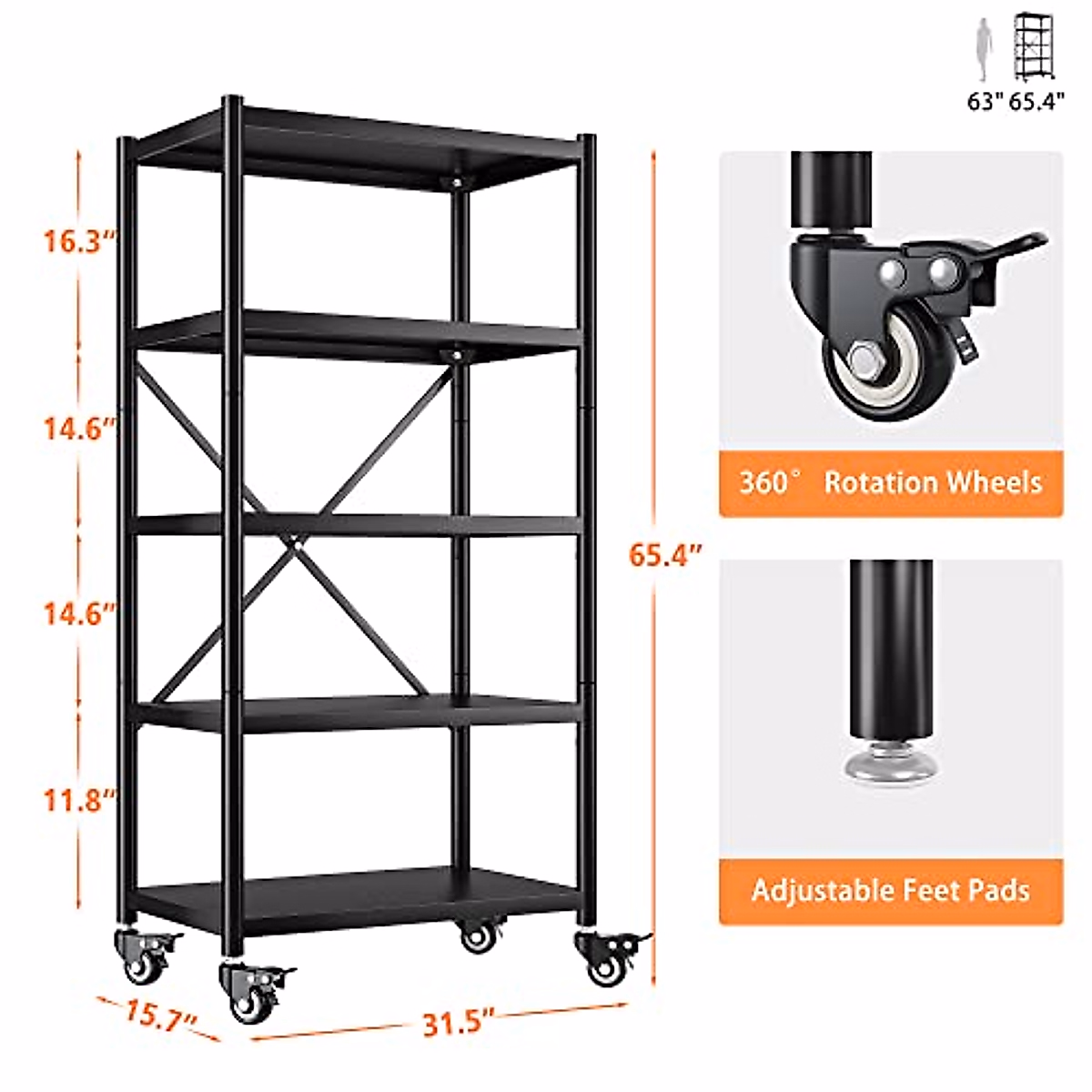 REIBII Storage Shelves for Storage with Wheels 5 Tier Heavy Duty Metal Shelving Unit 1156LBS Adjustable Shelving Units and Storage Rack Kitchen Garage Shelf 65.4" H*31.5" W*15.7" D