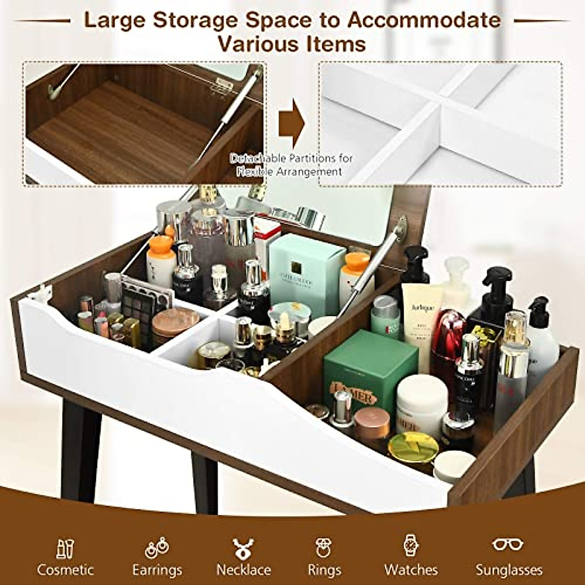 CHARMAID Vanity Set with Flip Top Mirror, Makeup Dressing Table with Large Storage Space and Removable Organizers, Bedroom Vanity Table Writing Desk with Cushioned Stool for Girls and Women