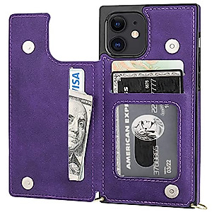 KIHUWEY Compatible with iPhone 12 iPhone 12 Pro Crossbody Wallet Case with Card Slots, Embossed Pattern Wrist Strap Kickstand Shoulder Crossbody Cover Case 6.1 Inch (Purple)
