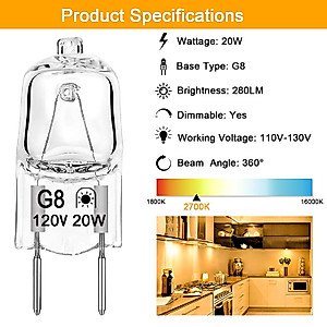 G8 Halogen Bulb 20W 120V T4 JCD Type G8 Base Bi-Pin Xenon Light Bulbs, Dimmable with Long Lasting Lifespan, G8 Halogen Light Bulbs for Under Cabinet Puck Lighting Replacements, Warm White, 6 Packs
