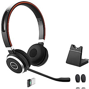 Jabra Evolve 65 Bluetooth Stereo Headset Bundle, MS Version, Two Mic Cushions, USB Dongle, Charging Stand, Compatible for Skype for Business, Lync, Teams, Voice & Video Apps, Smartphones, Pc, Mac