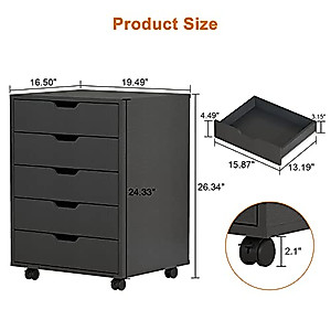 Koifuxii Office Cabinet with Drawers - 5 Drawer Chest - Rolling Office Drawer Unit - Wood Desk Drawers Cabinet Under Desk, Grey