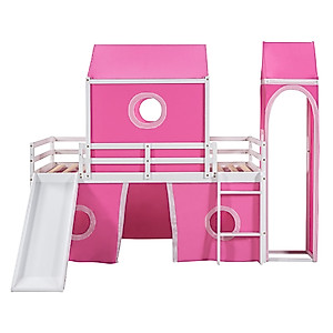 Harper & Bright Designs House Loft Bed with Slide and Tent, Twin Size Loft Bed with Small Pinnacle and Ladders, Wood Bunk Bed, Playhouse Bed Frame for Kids, Teens, Boys & Girls (Twin Size, Pink)