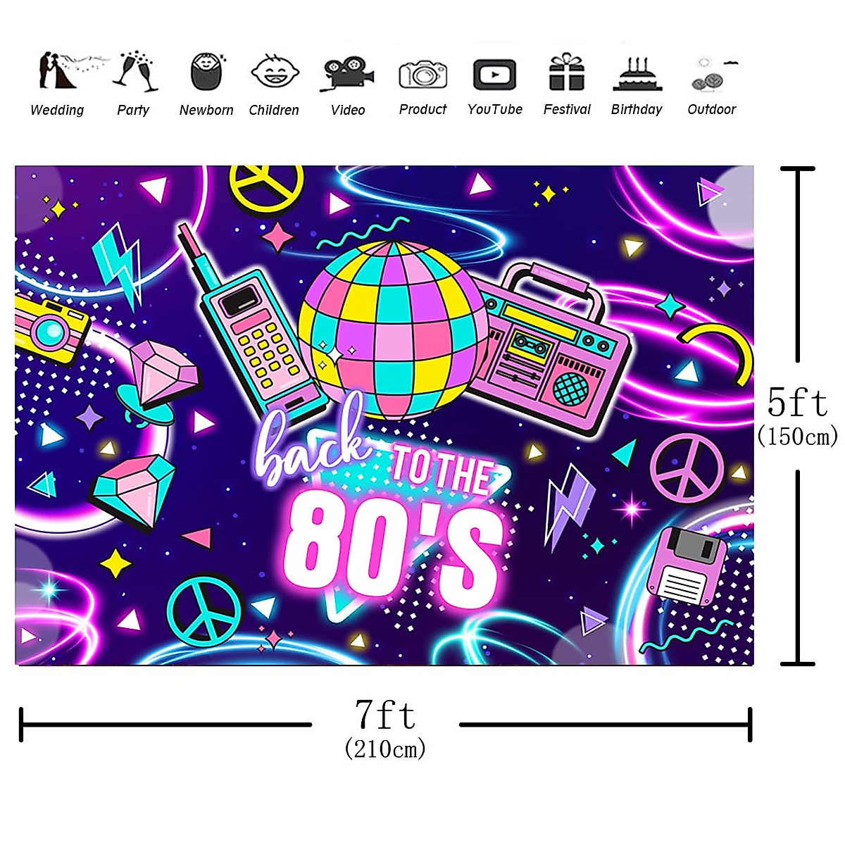 Aperturee 7x5ft Back to The 80s Party Backdrop Disco Theme Retro Style Photo 80's Birthday Music Disco Ball Mobile Phone Radio Photography Background 1980's Neon Eighties Photobooth Props