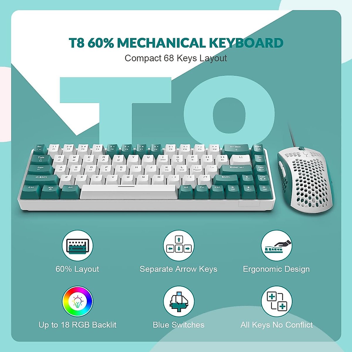 ZIYOU LANG RK-T8PR0 Wired 65% Mechanical Gaming Keyboard and Mouse Combo with RGB LED Backlit Anti-ghosting TKL Mini 68 Key Coiled C to A Cable Tactile Blue Switch for PS4 PS5 Xbox PC Mac Gamer(Green)