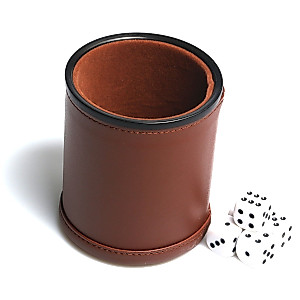 RERIVER PU Leather Dice Cup Set Felt Lining Quiet Shaker with 5 Dot Dices for Farkle Yahtzee Games, 2 Pack (Brown)
