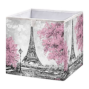 Kigai Oil Painting Paris Eiffel Tower Cube Storage Bin 11x11x11 in, Large Organizer Collapsible Storage Basket for Shelves, Closet, Storage Room