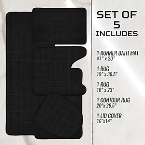 Effiliv Bathroom Rug Set 5 Piece - Memory Foam Bathroom Mat Set, Soft and Comfortable, Non-Slip Thick Absorbent Bath Mats, Machine Washable, Black