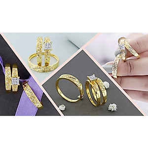 Dazzlingrock Collection 0.28 Carat Round White Diamond 9 Stone Engagement Trio Ring Set in 14K Solid Yellow Gold, W-7 and M-9.5