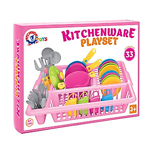 Play Dishes for Kids Kitchen | Pretend Play Kitchen Dishes Set with Drainer | Pretend Dishes Cookware Set | Fun and Colorful Toy Dishes Kit | Childrens Durable Tableware Playset (33 Pcs - Pink)