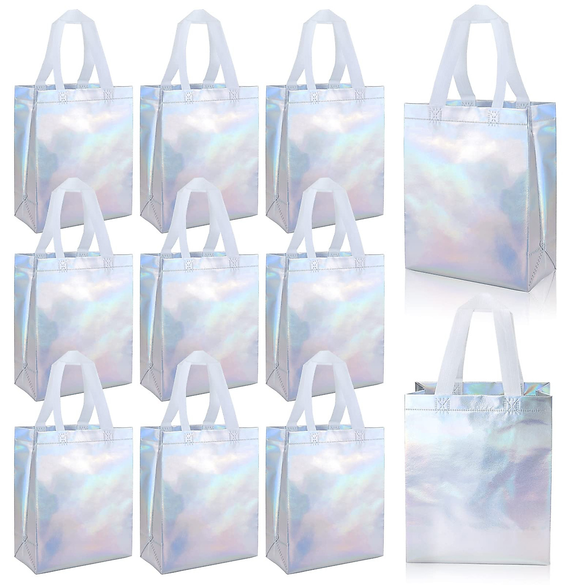 ISUSSER 24 Pack Holographic Gift Bags With White Handles Non Woven Reusable Handled Gift Bags Iridescent Tote Bags Glossy Welcome Bags for Shopping Birthday Party Wedding, 8 x 4 x 10 Inch
