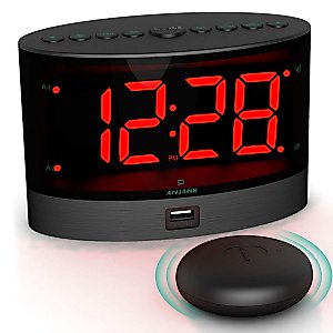 ANJANK Extra Loud Alarm Clock for Heavy Sleepers, Wireless Bed Shaker, Vibrating Dual Alarm, Deaf and Hearing-impaired, Adjustable Volume/Dimmer/Wake up Mode, USB Charger Port