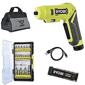 USB Lithium Screwdriver Bundle with Ryobi Cordless Screwdriver, USB Lithium 2.0 Ah 4-Volt Lithium-ion Rechargeable Battery, USB Charging Cable, Multipurpose Drill Bit Set and 16 Inch Buho Tool Bag