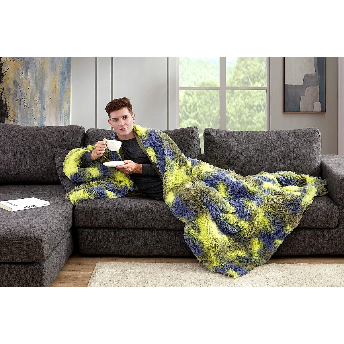 Jillche Bed Fluffy Blanket W/Camo Fur, Ultra Soft Throw Blanket for Kids & Teen, Warm Fuzzy Blankets and Throws for Bed, Stylish Tie Dye Faux Fur Blanket as Gift for Boys, Fall Blanket 50 x 60 Inches