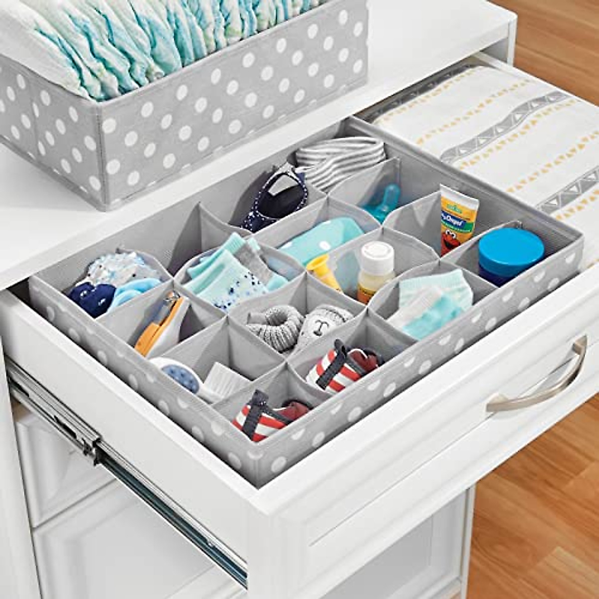 mDesign Soft Fabric Dresser Drawer and Closet Storage Organizer for Child/Kids Room and Nursery - Large 16 Section Organizer - Polka Dot Print - Light Gray/White