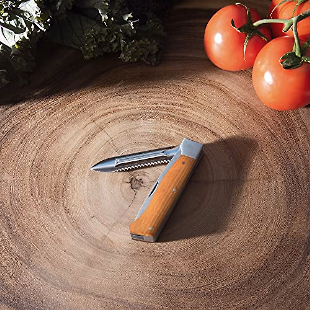 Messermeister Adventure Chef Folding Peeler & Parer - Includes Full-Sized Paring Knife, Peeler & Scaler - 303 Stainless Steel & Carbonized Maple Handle