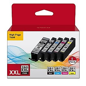 PGI-280XXL CLI-281XXL 5-Color Value Pack Compatible Ink Cartridge Replacement for Canon PGI-280 CLI-281 XXL High Yield to use with PIXMA TR7500 TR7520 TR8500 TR8520 TR8620 TS6120 TS6220 TS9120