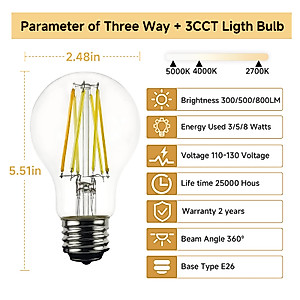 XIAOKALAMI Three Way Light Bulbs,A19,E26,3 Way Led Light Bulbs,3CCT Color Changing Light Bulbs(2700K/4000K/5000K),30 50 80W Equivalent, 3 Way Light Bulbs for Reading, Work, Home Lighting. 2Pack
