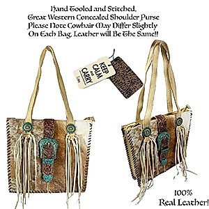 Urbalabs Western Cowhair Concealed Carry Shoulder Bag Buckle Fringe Purse Genuine Leather Handmade Stitched Handbag (Light Brown)
