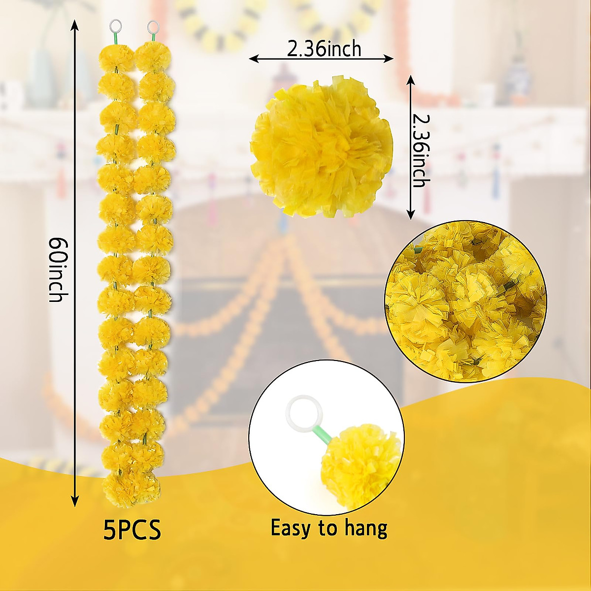5Pcs Marigold Garland for Decoration, 5 Feet Artificial Marigold Flowers Diwali Decorations for Home, Yellow Artificial Marigold Heads for Diwali Party,Indian Weddings, Halloween,Wreath