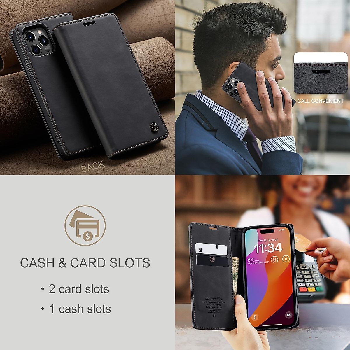 SINIANL Leather Case for iPhone 15 Pro Case Wallet, for iPhone 15 Pro Wallet Case Book Folding Flip Folio Case with Magnetic Kickstand Card Slots Protective Cover for iPhone 15 Pro, Black