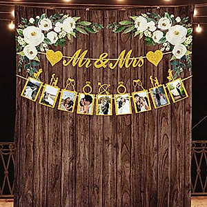 Wedding Decorations,Mr & Mrs Banner and Photo Banner with Picture Card Frames for Wedding/Engagement/Anniversary Party Decorations(Gold Glitter)