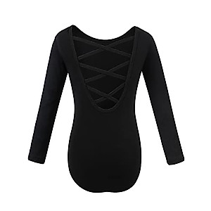 tanzdunsje Girls Dance Leotard Long Sleeve Black Ballet Leotard Crisscross Straps Back Dance Top Gymnastics for Girl Toddler Women (Black, 130)