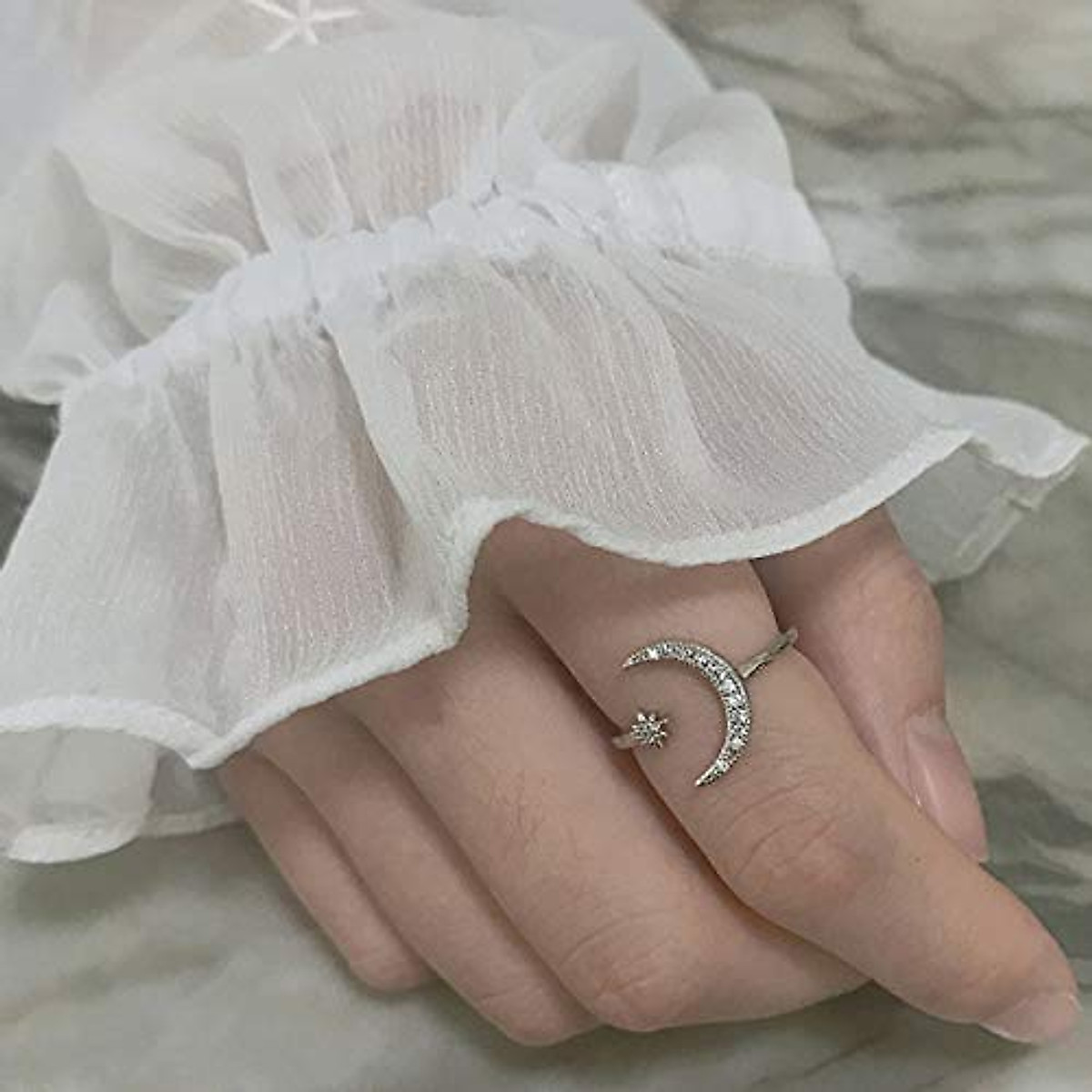 FUTIMELY Moon Crescent Star Ring for Women Adjustable Moon Sun CZ Statement Ring Dainty Crystal Crescent Finger Ring (Silver)