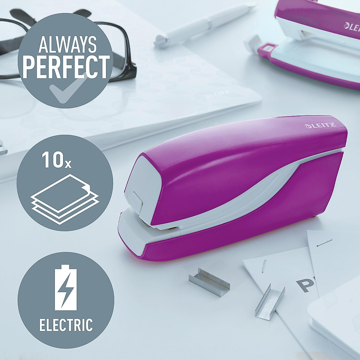 Leitz Electric Stapler, 10 Sheet Capacity, Battery Powered, WOW Range, 55661062 - Purple