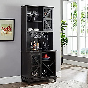 Lounge or Dining Room Stylish and Modern Charcoal Liquor Bar Cabinet with a Mix of Cabinets and Shelves and Wine Rack