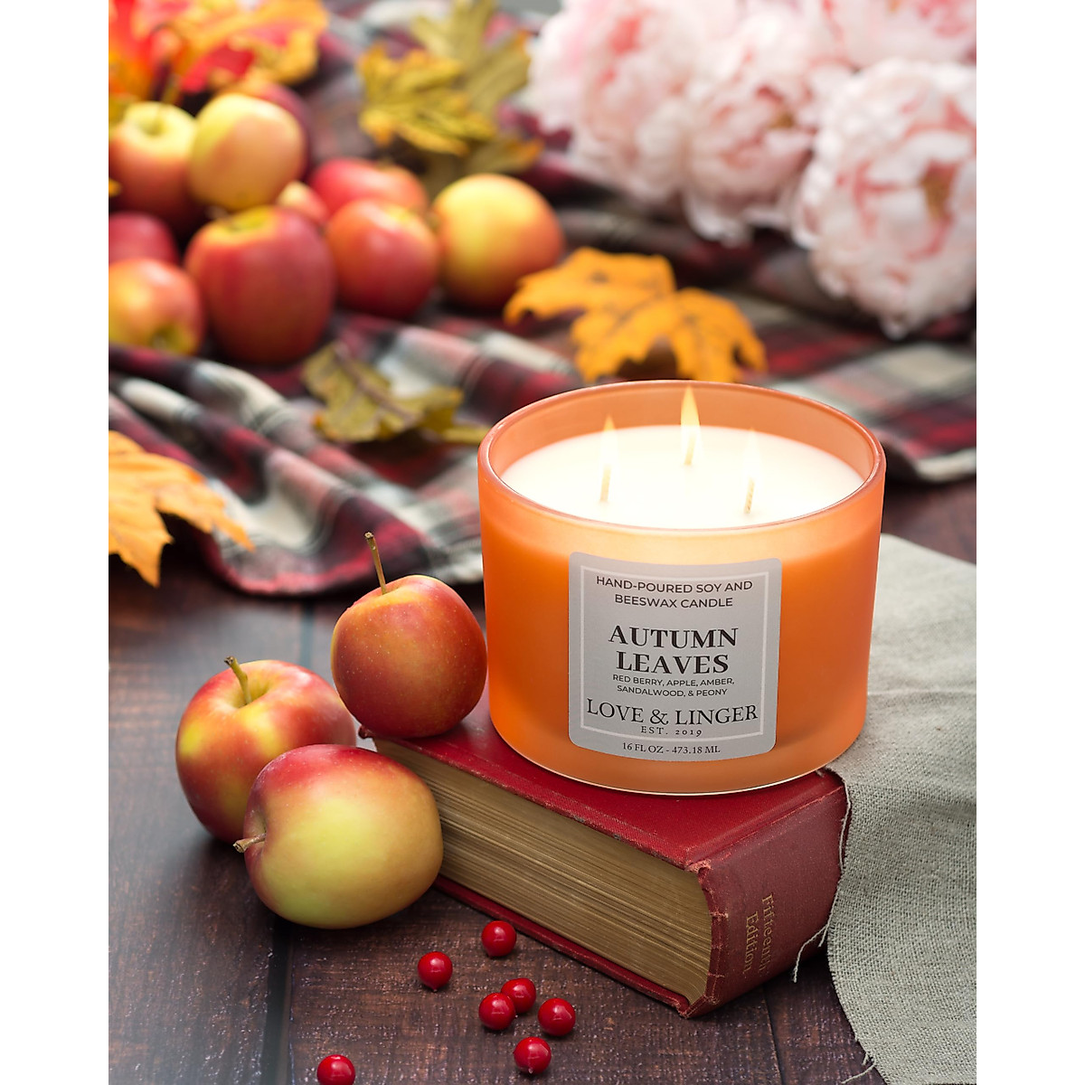 Autumn Leaves Candle | Fall Candles | Luxury Soy & Beeswax Candles for Home | 16 oz. Large Jar 3 Wick Candle | Thanksgiving Candle | Fall Scented Candle | Autumn Candles