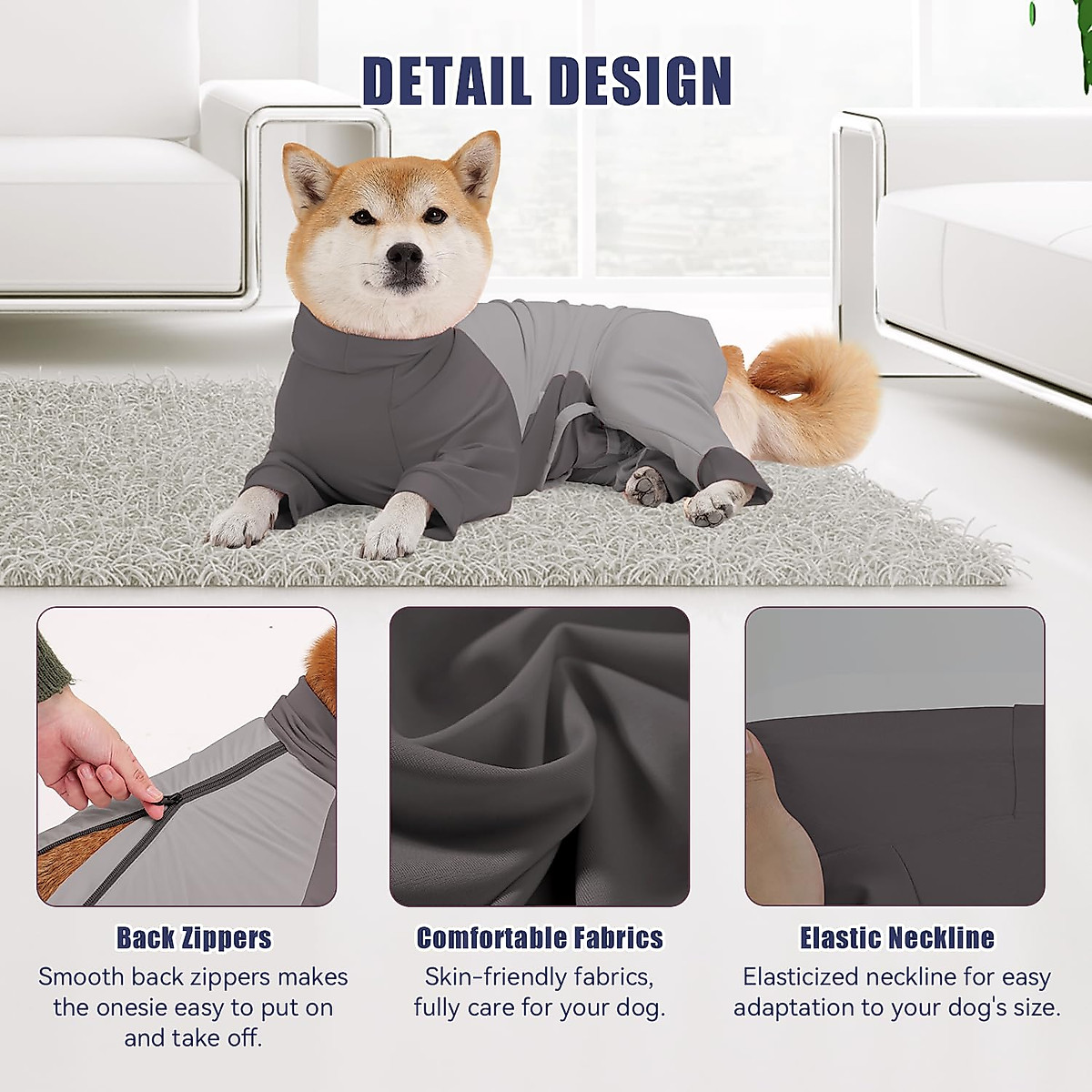 Parderry Dog Recovery Suit for Surgery Dog Onesie for Female and Male E-Collar Alternative Anti Shedding Pajamas Long Sleeve Claming Bodysuit Gray XXL