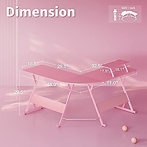 MOTPK Pink Gaming Desk L Shaped, 51 Inch Gamer Desk Gaming Table with Carbon Fiber Texture, Corner Computer Desk L Shape with Monitor Stand & Cup Holder & Headphone Hook, for Women & Girls Gift