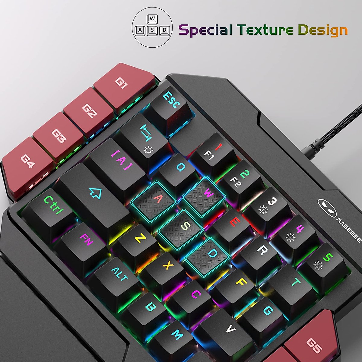 MageGee One Handed Professional Gaming Keyboard, RGB Backlit 35 Keys Mini Wired Mechanical Keyboard with Blue Switch for PC Gamer, Support 6 Macro Keys - Black/Red