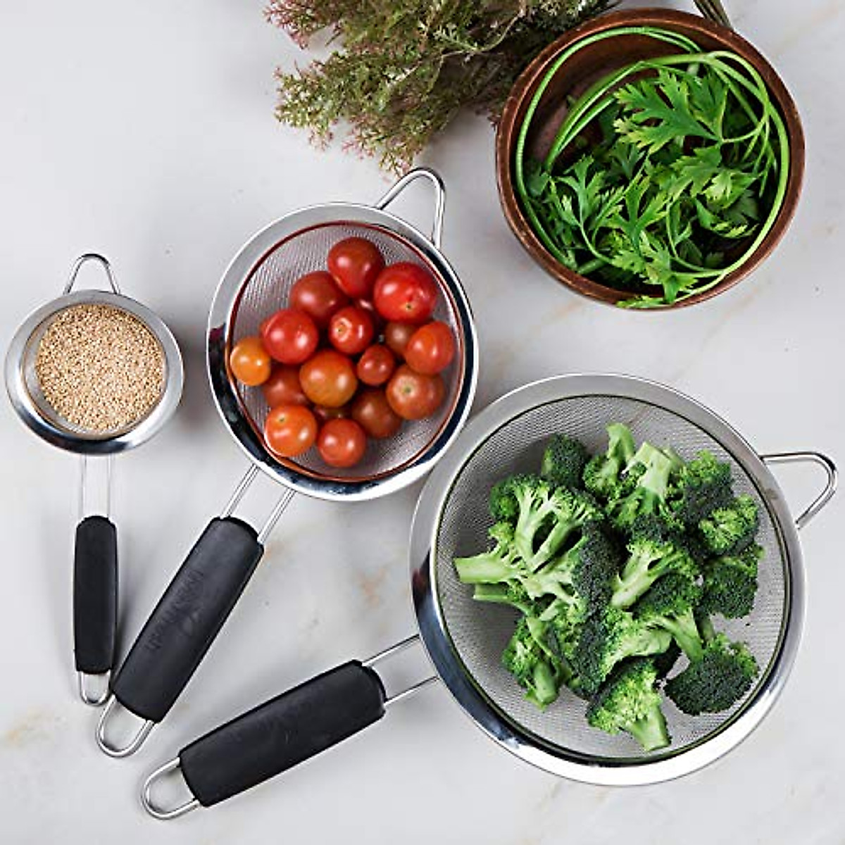 LiveFresh Fine Mesh Strainer Set - Rust Proof Stainless Steel with Non Slip Handles - Fine Mesh Sieve Set of 3