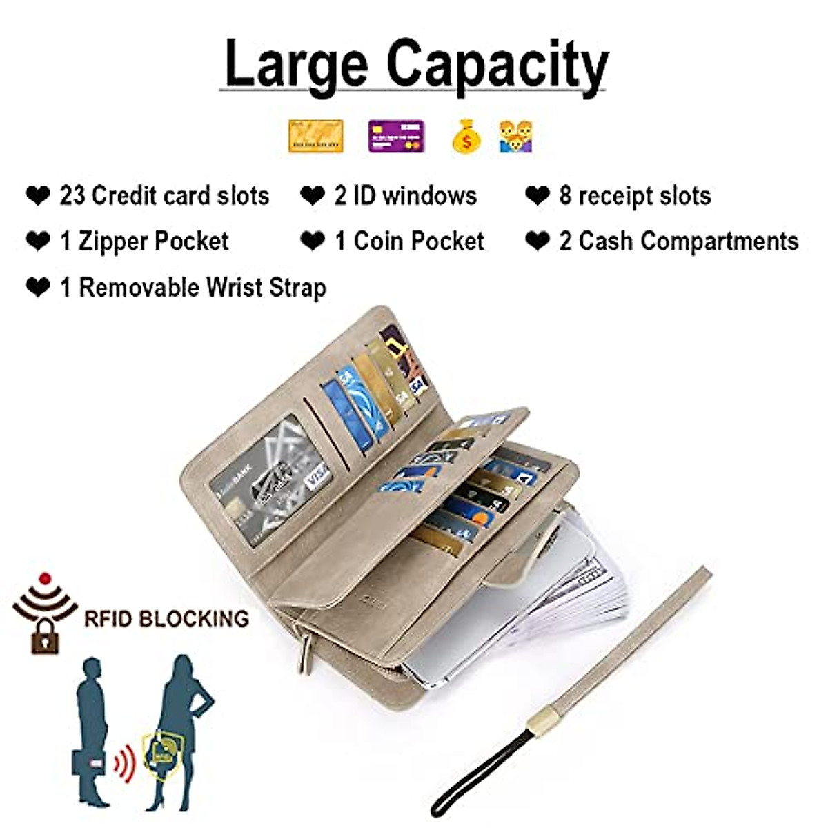 CLUCI Wallet for Women Leather Large Capacity Purse Wristlet Clutch RFID Blocking Credit Card Holder with ID Window Two-toned Gray