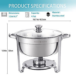 SILVER MOON 4.5 QT Round Chafing Dish, chaffing server set buffet, Stainless Steel Buffet Chafer with Glass Lid, Chafers and Buffet Warmers Set for Catering, Buffet Food Warmer for Parties