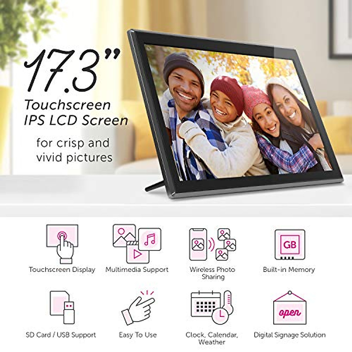 Aluratek 17.5" WiFi Digital Picture Frame, Touchscreen IPS LCD Digital Picture Frame, 16GB, Wireless Photo Sharing, Stylish Black Frame, Easy Setup