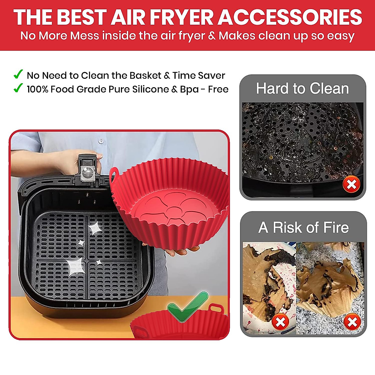 Silicone Air Fryer Liners,Replaces Flammable Parchment Paper, Air Fryer Silicone Basket Non-Stick Safe & Easy to Clean,Reusable.(Top: 8inch, Bottom: 6.75inch, 2 Pack)